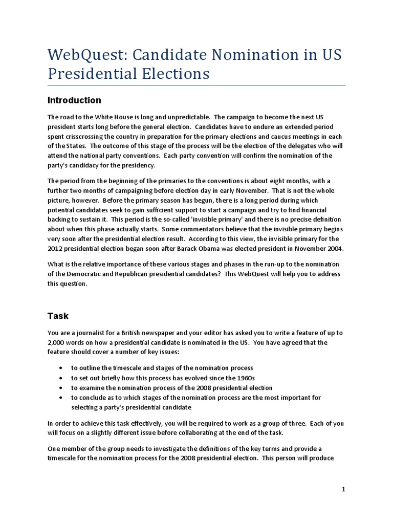 Webquest the Presidential Nomination Process
