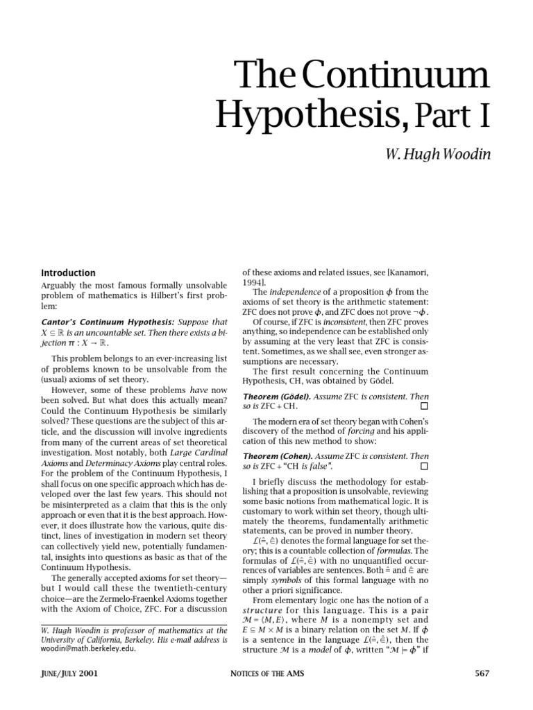 The Continuum Hypothesis,: W. Hugh Woodin | PDF | Model Theory | Axiom