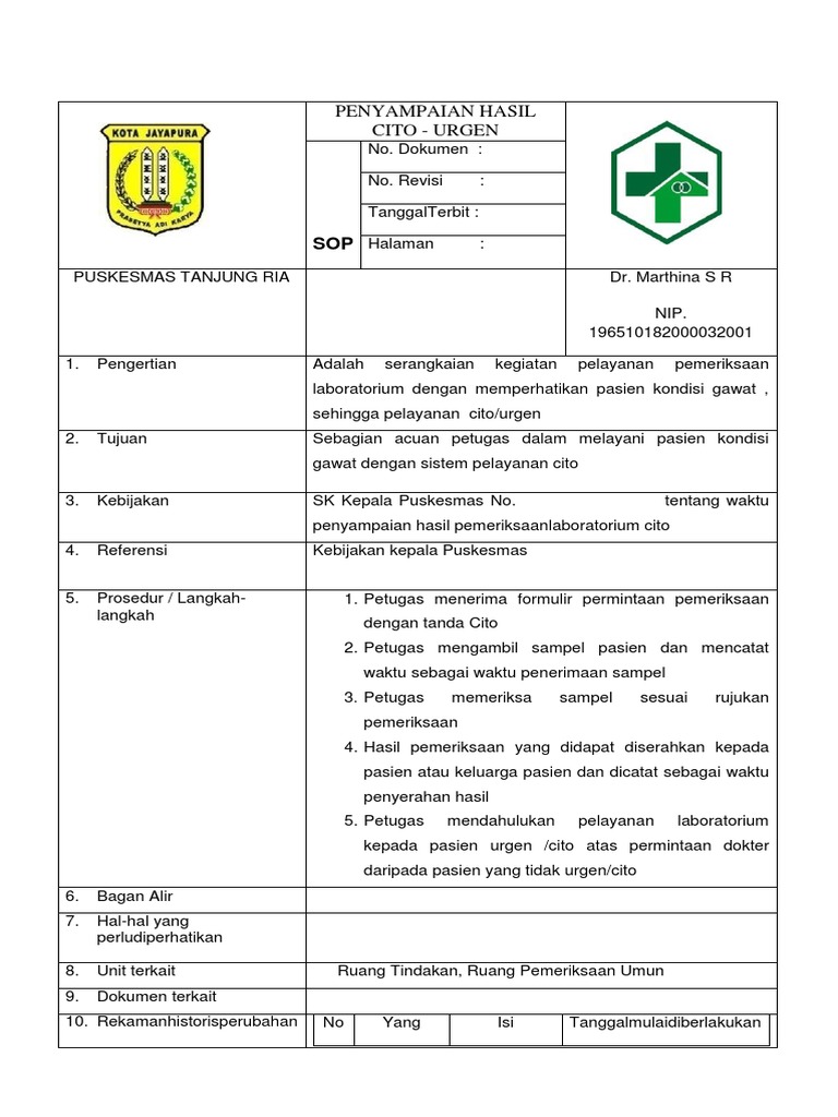 8.1.3.2 Sop Penyampaian Hasil Lab Cito | PDF
