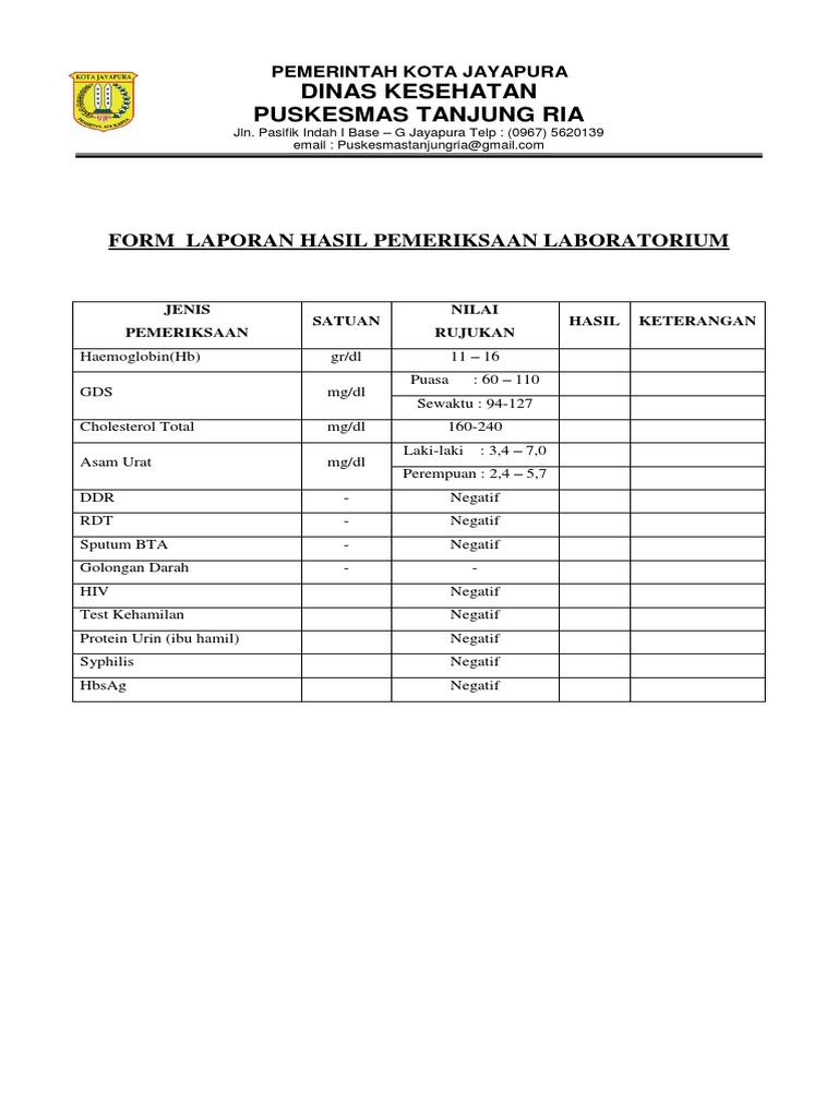 Form Hasil Pemeriksaan Lab Dengan Nilai Normal | PDF