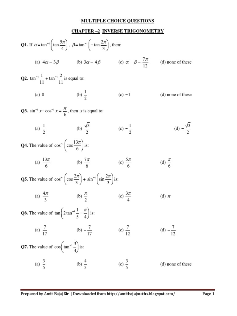 Ch 2 Inverse Trigo Multiple Choice Questions (With Answers) | Lie ...