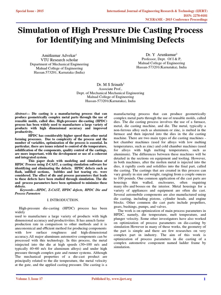 Simulation of High Pressure Die Casting Process For Identifying and Minimising Defects | PDF ...