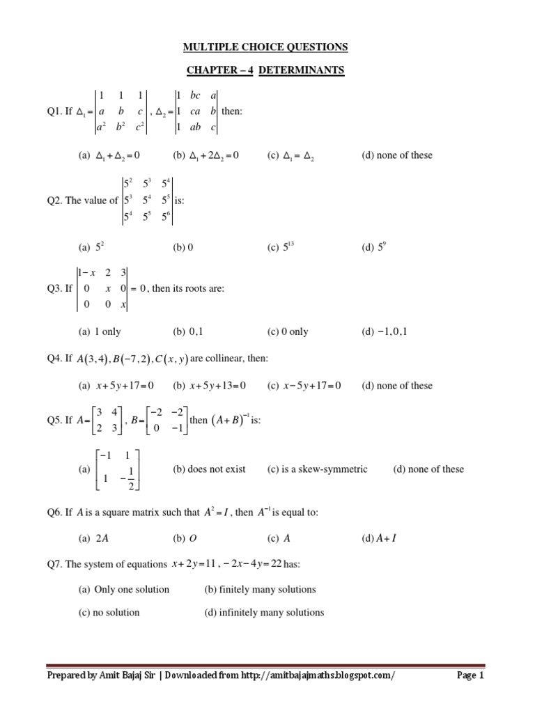 CH 4 Determinants Multiple Choice Questions (With Answers) | PDF ...