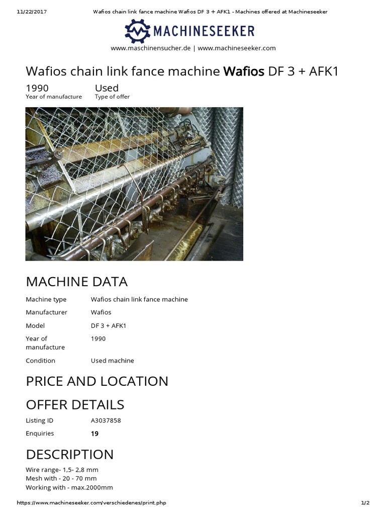 Wafios Chain Link Fance Machine Wafios DF 3 + AFK1 - Machines Offered ...