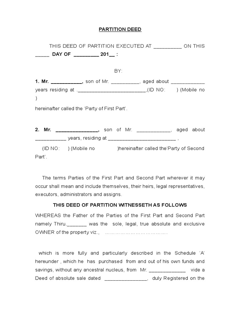 Partition Deed English | Deed | Property Law