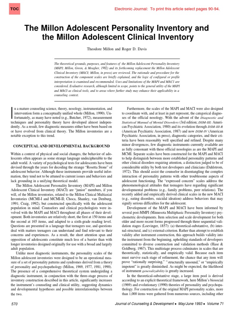 An Overview of the Development and Validation of the Millon Adolescent ...