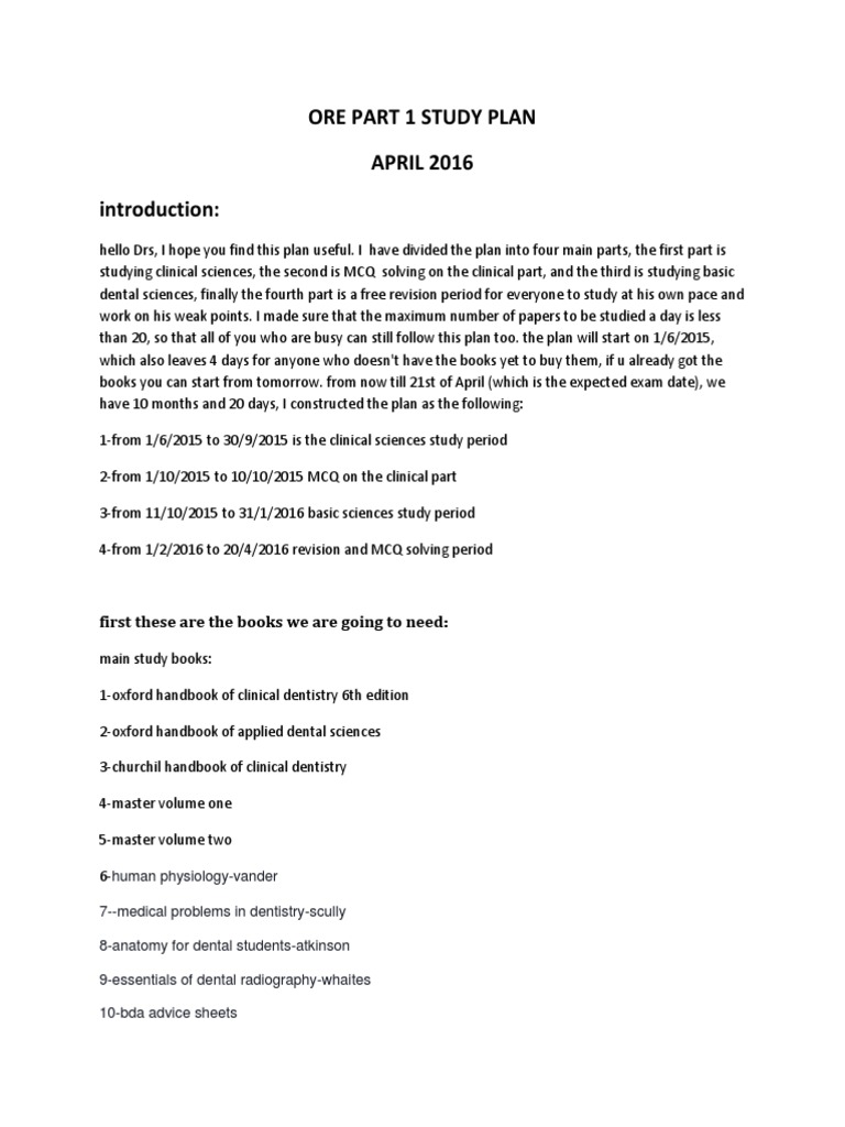 Ore Part 1 Study Plan | PDF | Dentistry