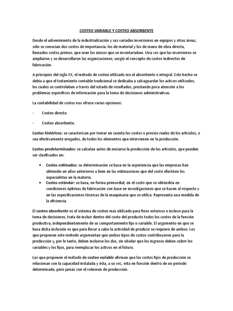 Costeo Variable y Costeo Absorbente | PDF | Costo | Contabilidad