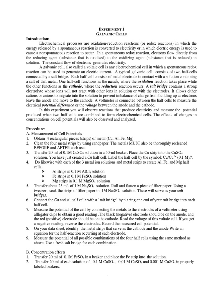 Galvanic-Cell-Experiment | PDF | Redox | Electrochemistry