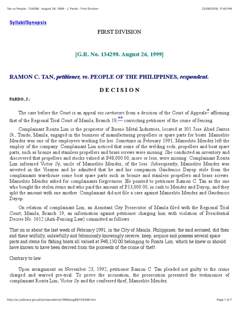 (G.R. No. 134298. August 26, 1999) : RAMON C. TAN, Petitioner, vs ...