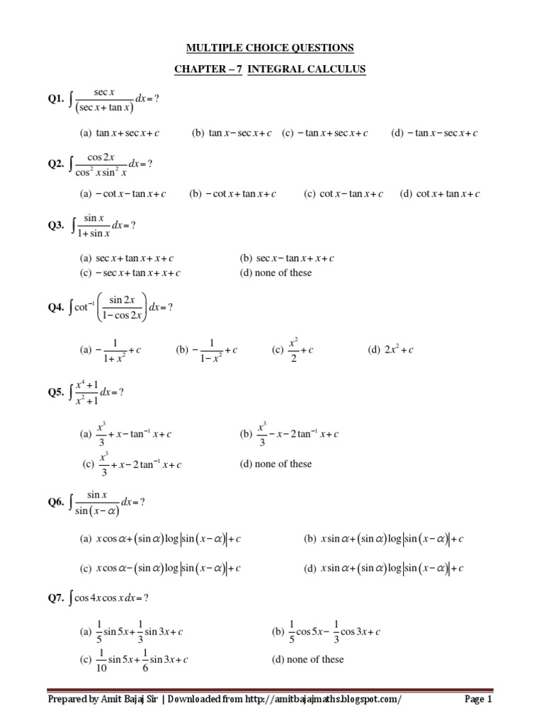 CH 7 Integral Calculus Multiple Choice Questions (With Answers) | PDF ...