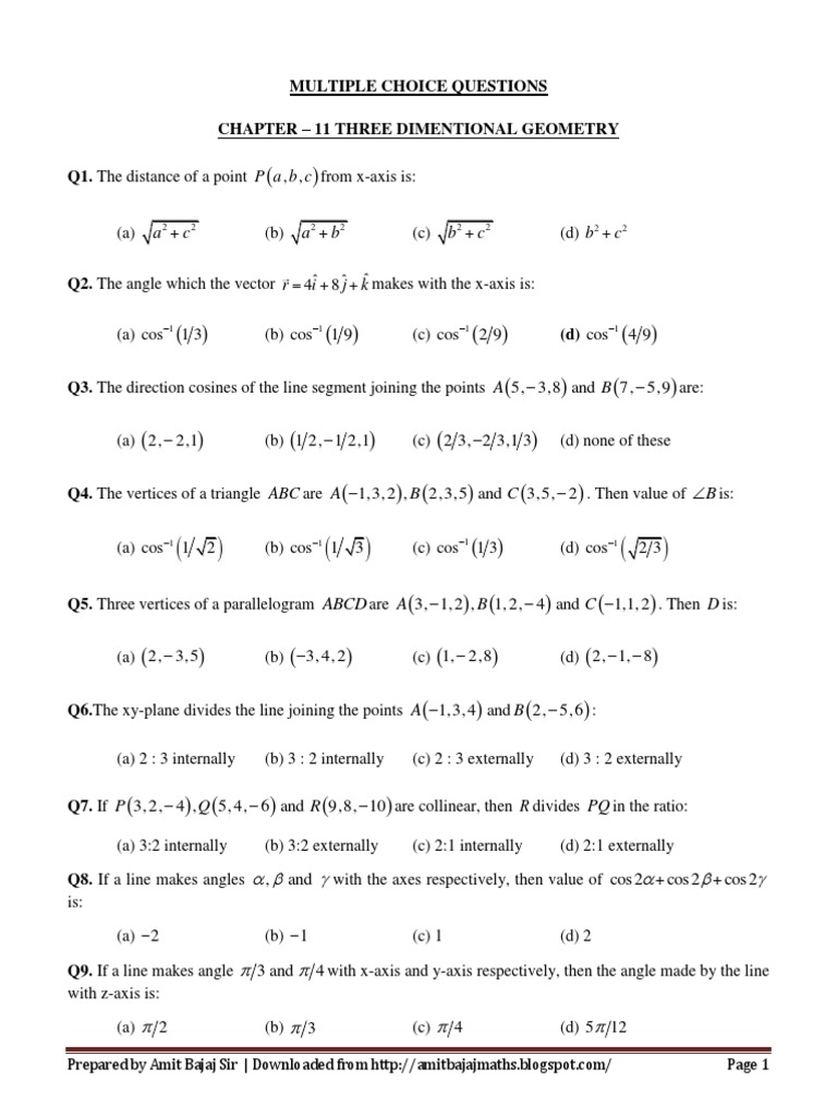 CH 11 Three Dimentional Geometry Multiple Choice Questions (With ...