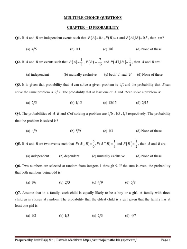CH 13 Probability Multiple Choice Questions (With Answers) | Download ...