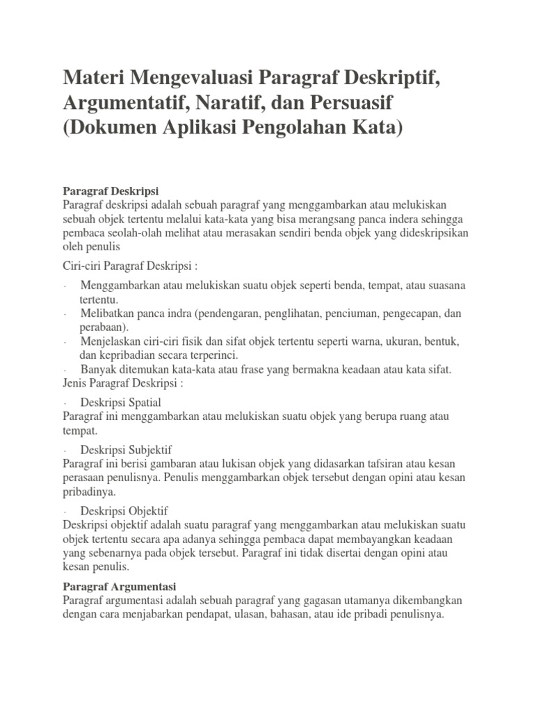 Materi Materi Mengevaluasi Paragraf Deskriptif-Argumentatif-Naratif Dan ...
