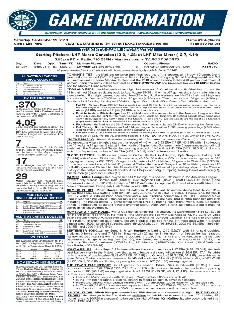 09.22.18 Game Notes | PDF | Home Run | Major League Baseball