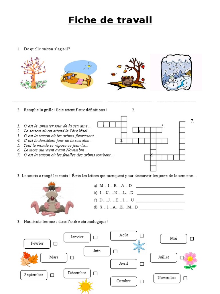 Les Saisons Et Les Jours de La Semaine Activites Ludiques Liste de ...