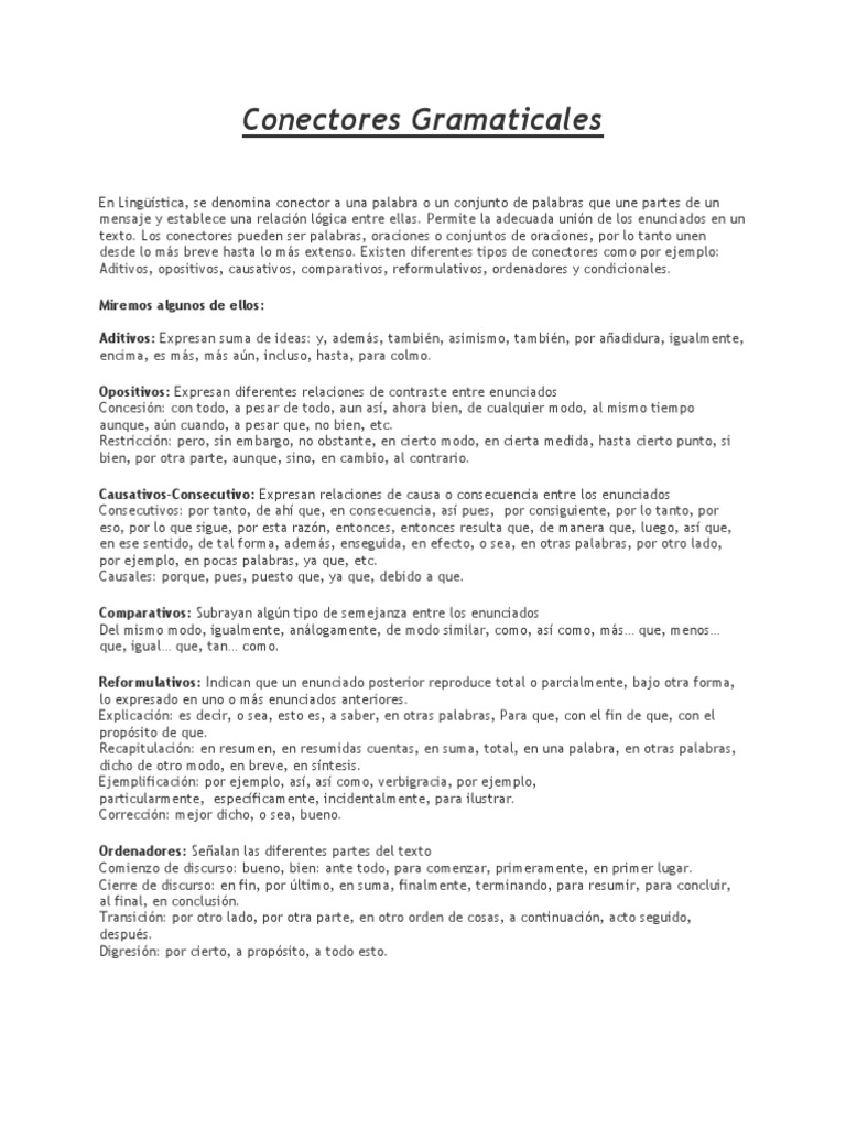 Conectores Gramaticales | PDF | Palabra | Oración (Lingüística)