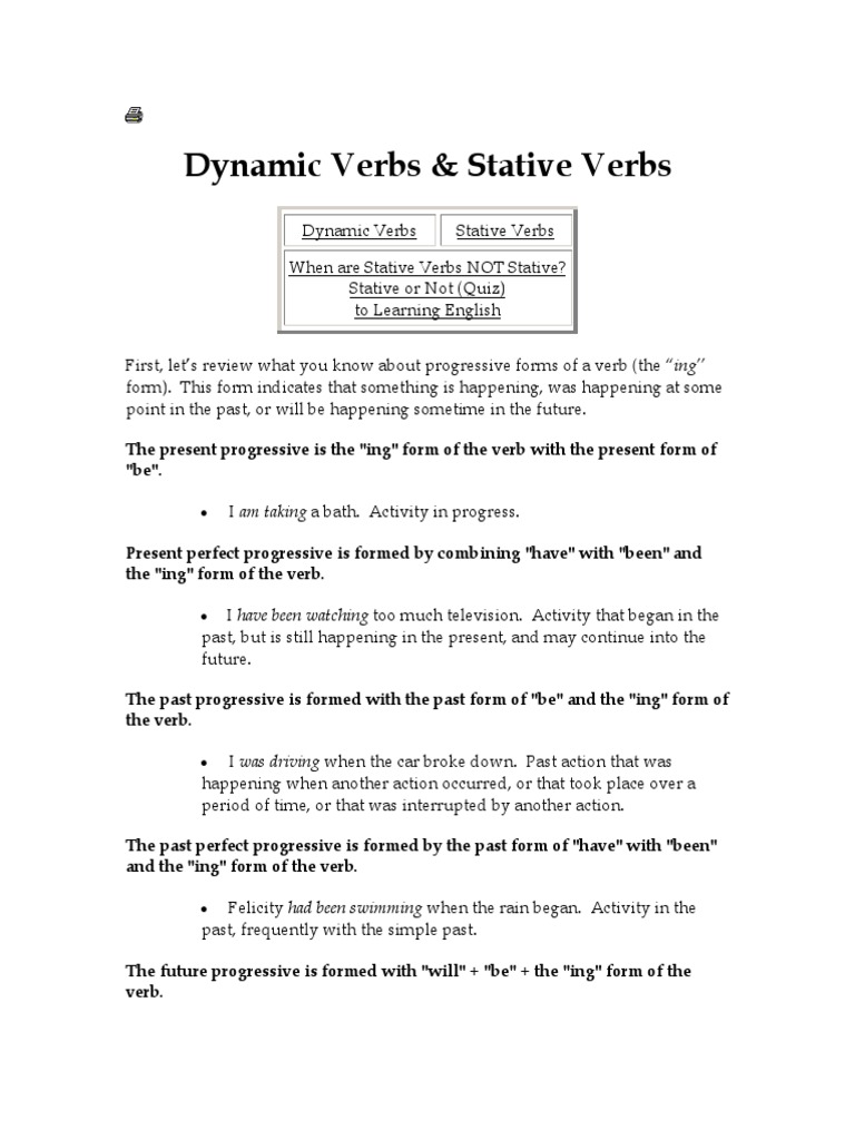 Dynamic and Static Verbs PDF | PDF | Grammatical Tense | Verb