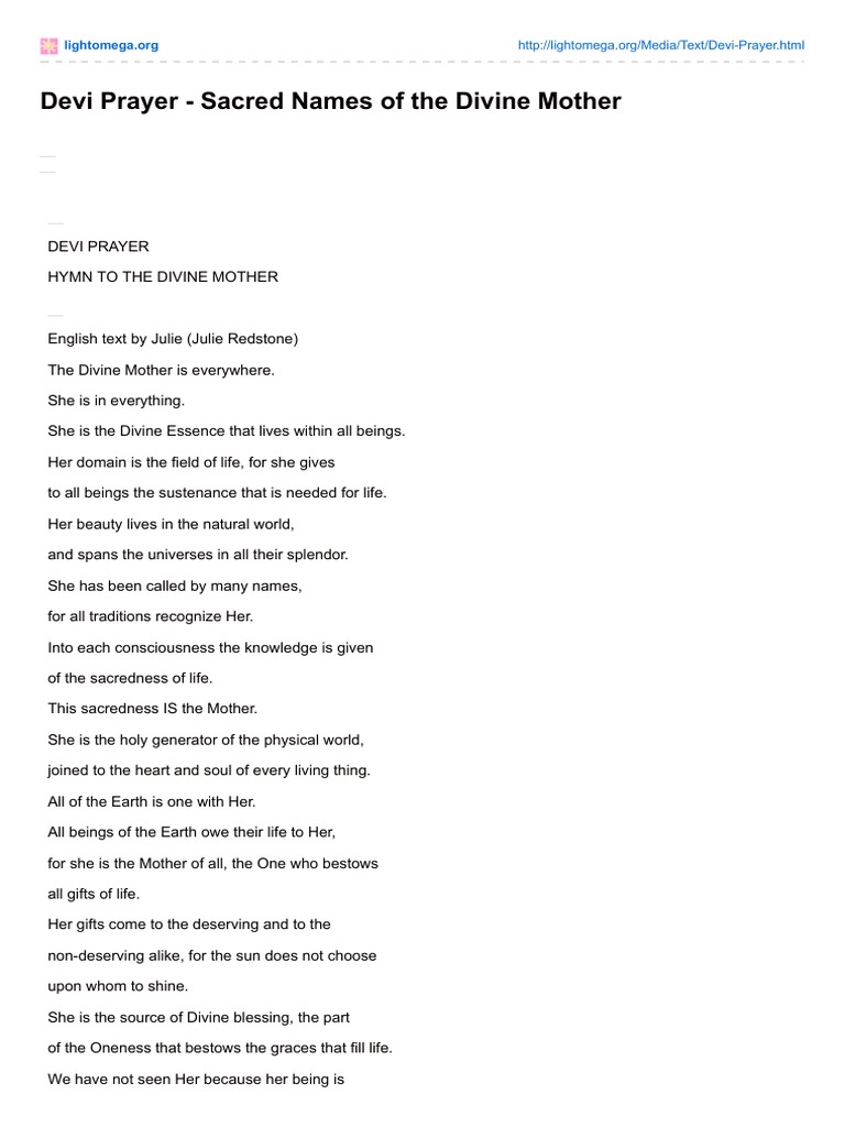 Devi Prayer - Sacred Names of The Divine Mother PDF | PDF | Devi | Divinity