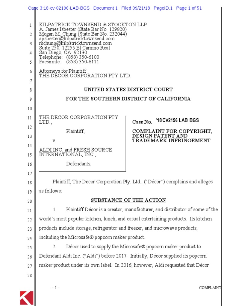 The Decor Corp. v. Aldi - Complaint | PDF | Trade Dress | Patent