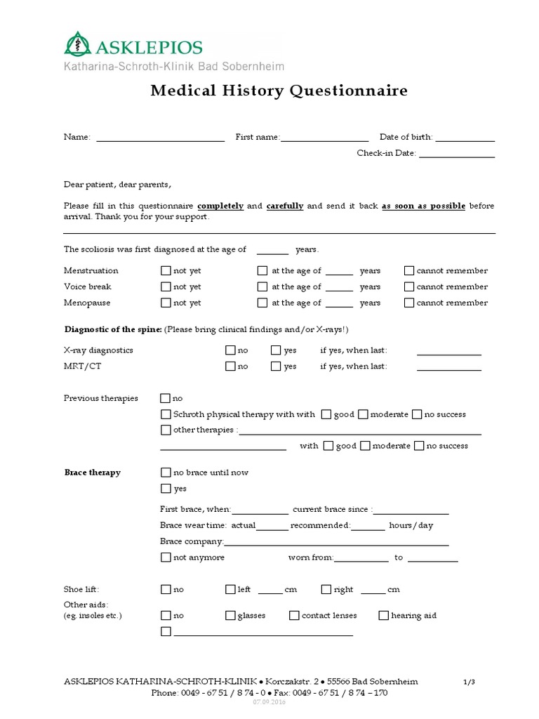 Medical History Questionnaire | PDF | Physical Therapy | Clinical Medicine