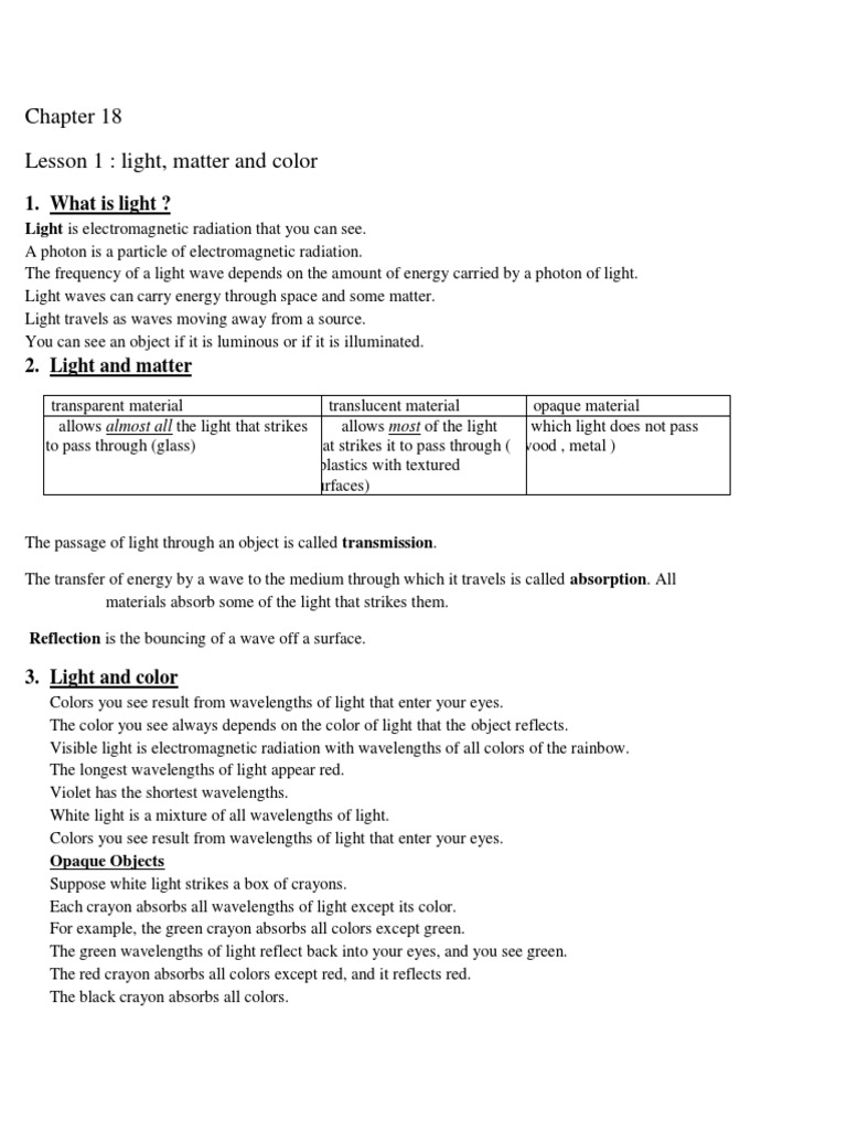 Chapter 18 Lesson 1 Notes+lesson Review+worksheet | PDF | Color | Light