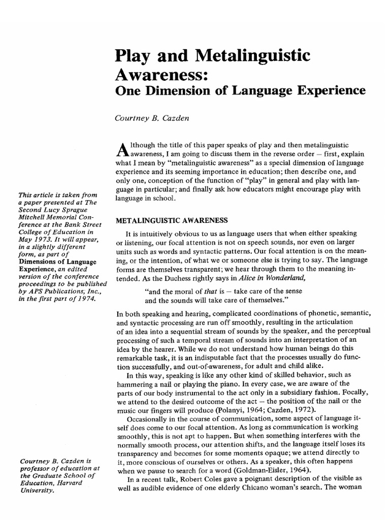 Play and Metalinguistic Awareness:: One Dimension of Language ...