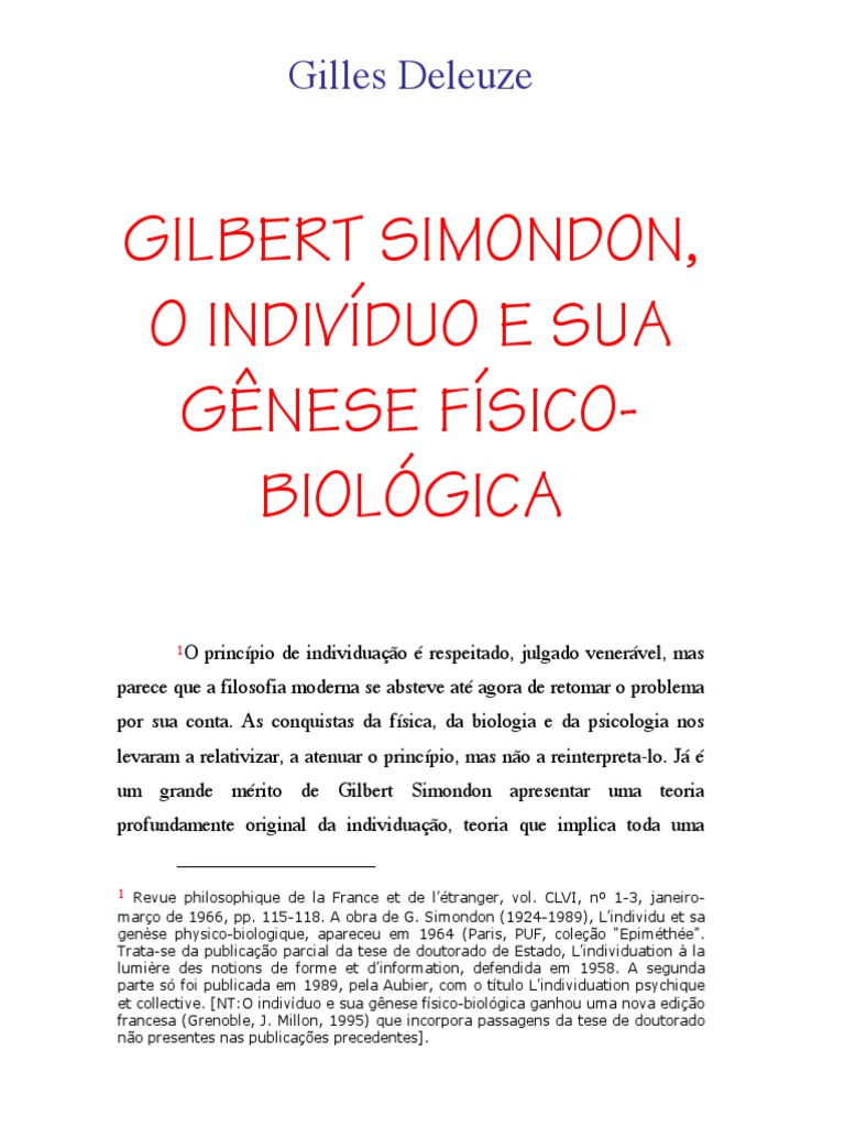 Gilles Deleuze Gilbert Simondon O Individuo e Sua Genese Fisico ...