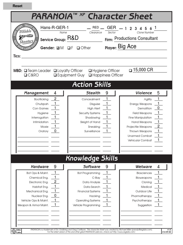Paranoia Character Sheet: Action Skills | PDF | Computing And ...