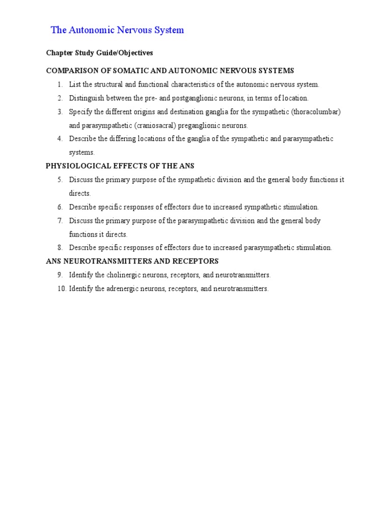 The Autonomic Nervous System: Chapter Study Guide/Objectives Comparison ...