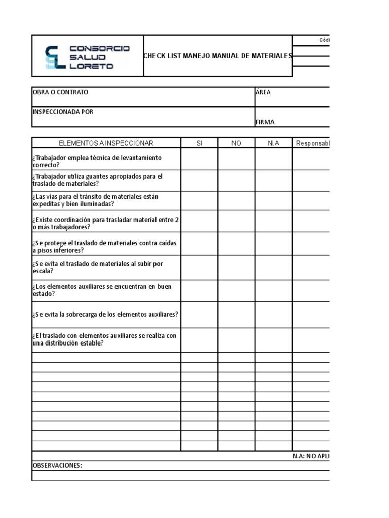 Check List Manejo Manual de Materiales | PDF