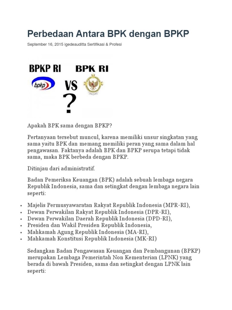 Perbedaan Antara BPK Dengan BPKP | PDF