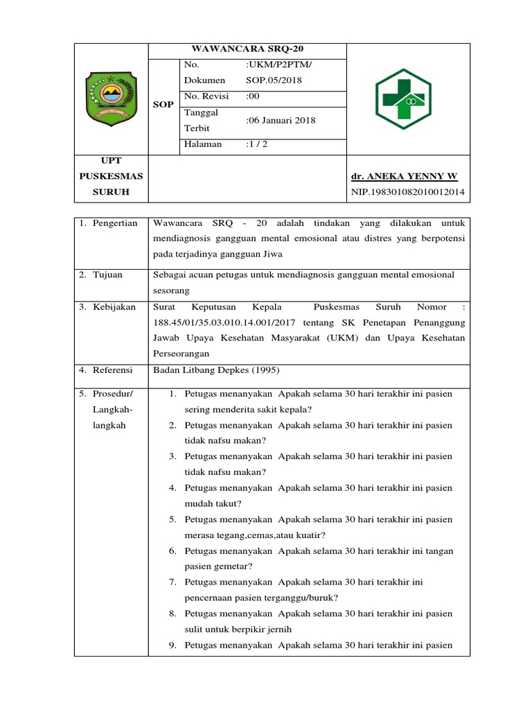 SOP Pemeriksaan Jiwa (SRQ 20) | PDF