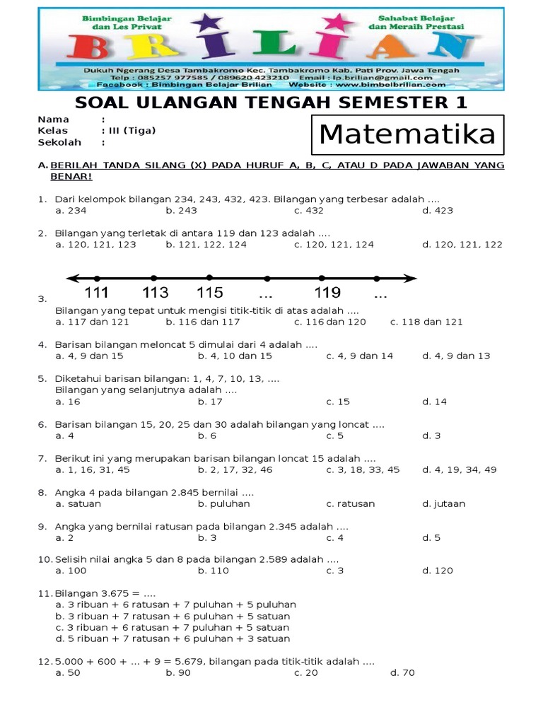 Soal UTS Matematika Kelas 3 SD Semester 1 (Ganjil) Dan Kunci Jawaban | PDF
