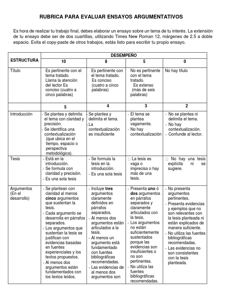 Rubrica Ensayo Argumentativo | Ensayos | Gramática