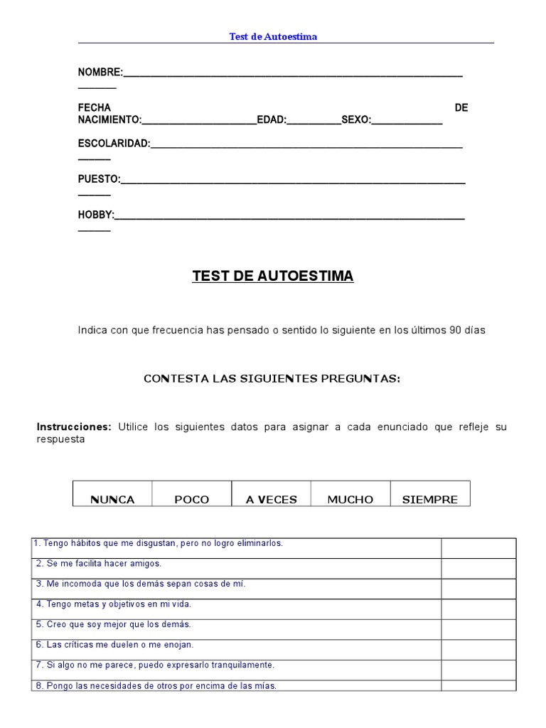 Test de Autoestima | PDF | Autoestima | Depresión (estado de ánimo)