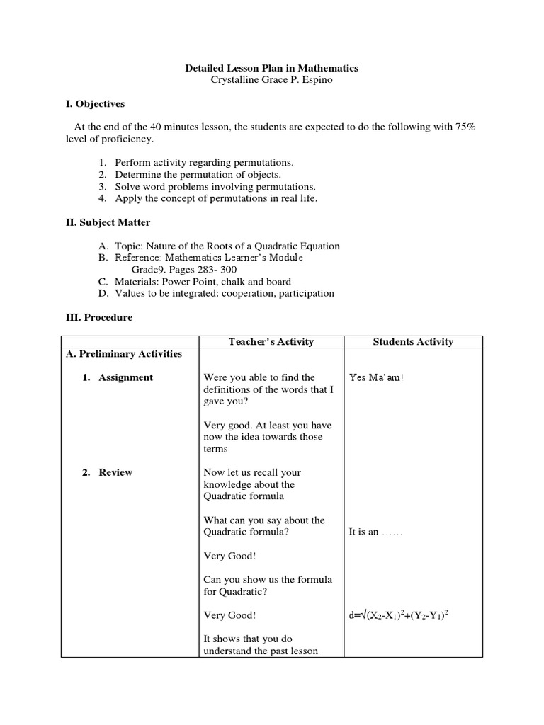 Detailed Lesson Plan in Mathematics | Permutation | Quadratic Equation