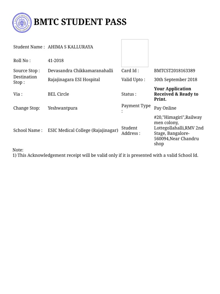 BMTC Student Pass Details for AHIMA Kalluraya | PDF