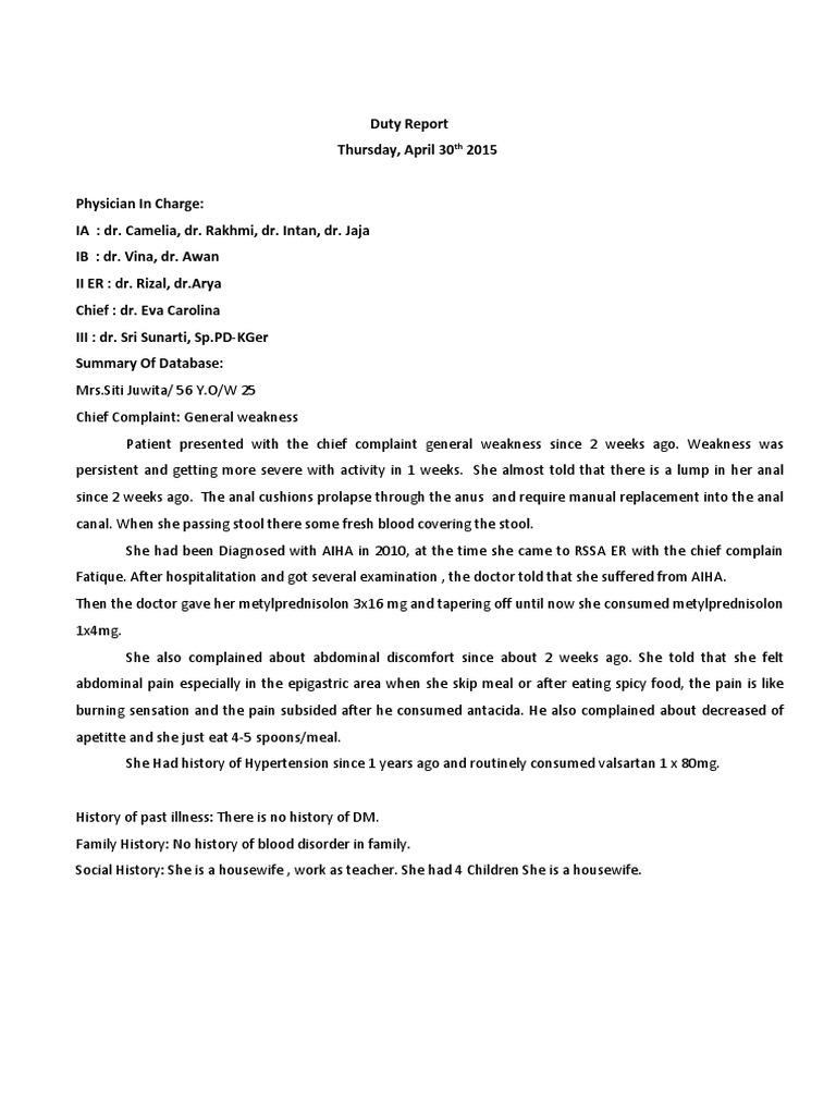 Duty Report Highlights Patient Case | PDF | Anemia | Blood