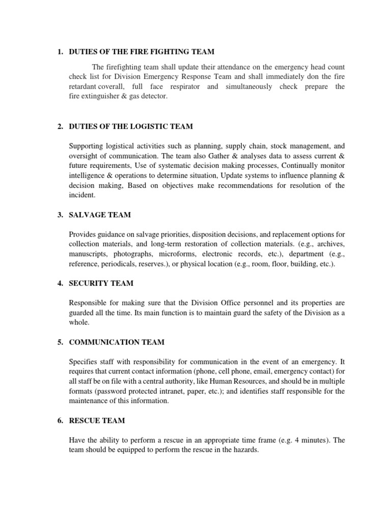Duties of The Fire Fighting Team | PDF | First Aid | Emergency