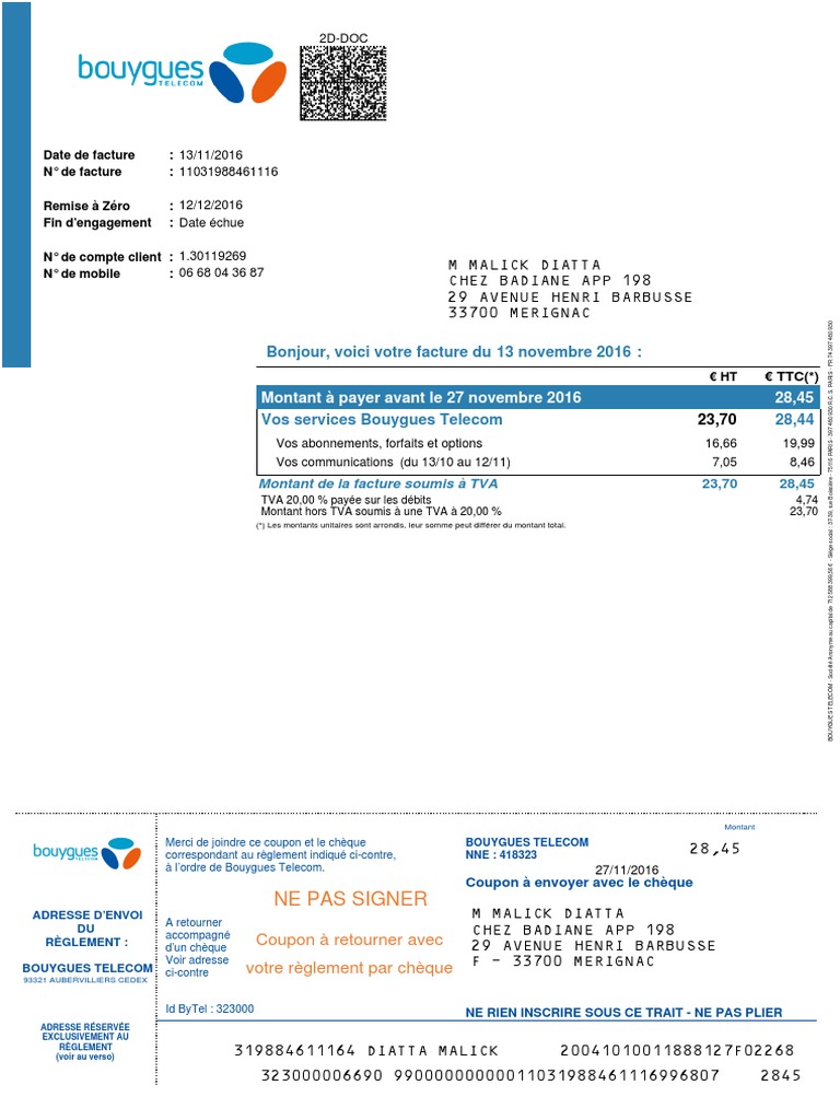 Bouyguestelecom Facture 20161113 | PDF | Value Added Tax | Wireless