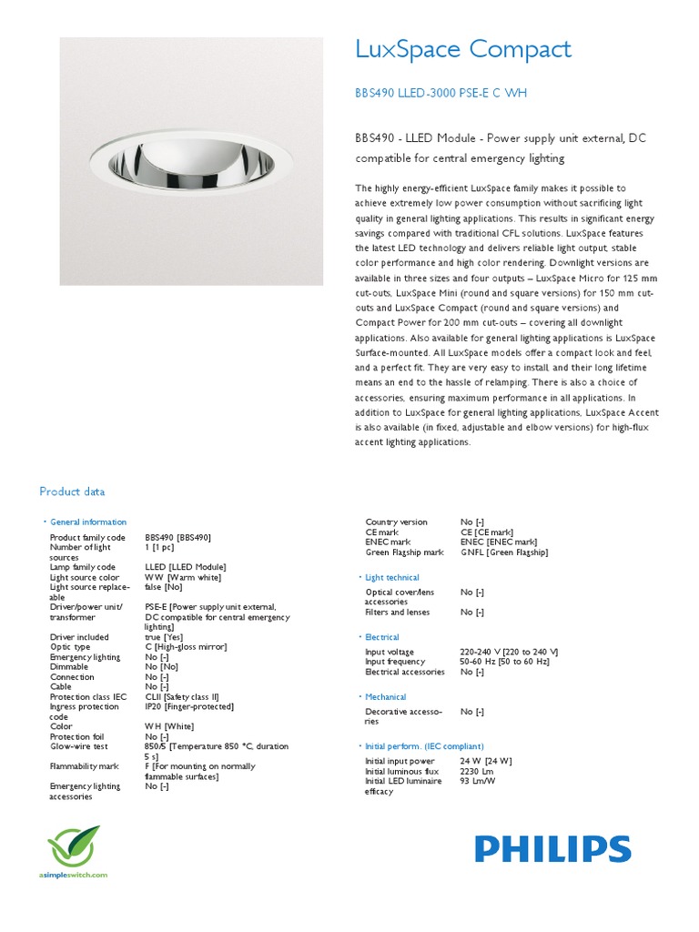 Luxspace Compact: Bbs490 Lled-3000 Pse-E C WH | PDF | Lighting | Light ...