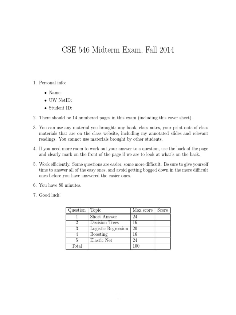 CSE 546 Fall 2014 Midterm Exam Guide | PDF | Theoretical Computer Science | Mathematical Analysis