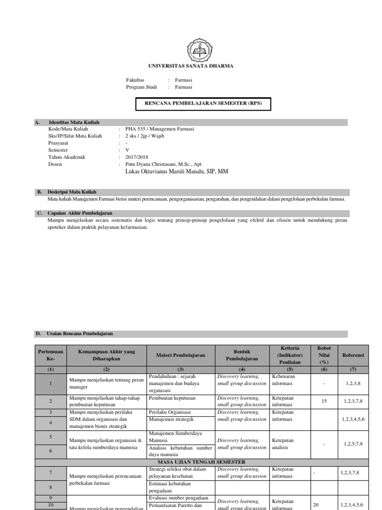 RPS Manajemen Farmasi 2017-2018 | PDF