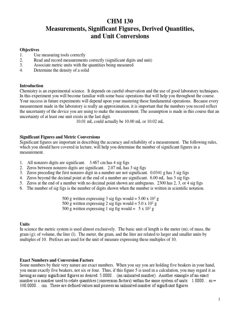 Lab 2 CHM130LL Measurements and Significant Figures W Answers | PDF ...