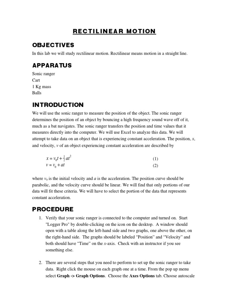 Rectilinear Motion Objectives Apparatus: X V T at V V at | PDF ...