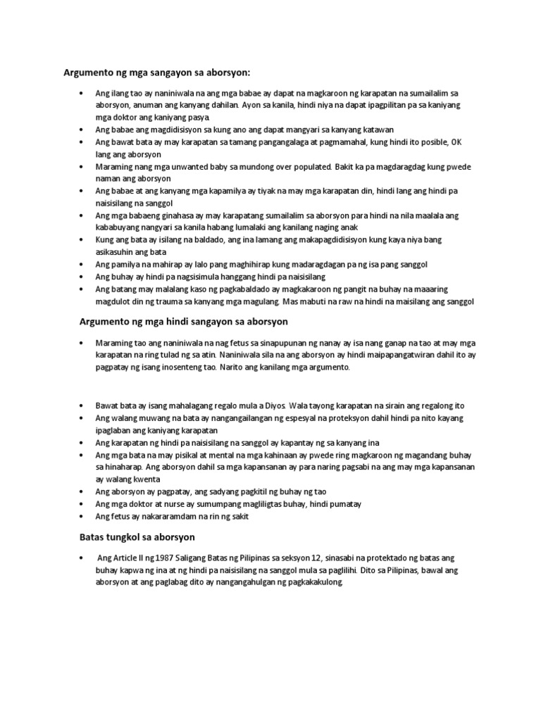 Argumento NG Mga Sangayon Sa Aborsyon | PDF