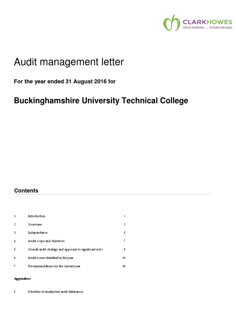 Buckinghamshire UTC Audit Management Letter | PDF | Internal Control ...
