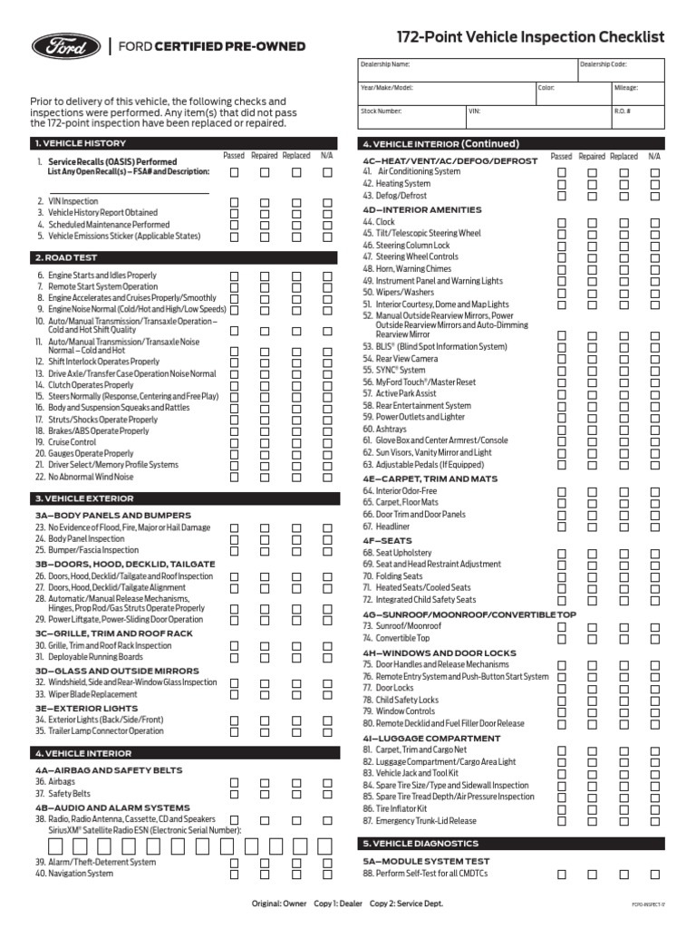 172-Point Vehicle Inspection Checklist | PDF | Trunk (Car) | Tire