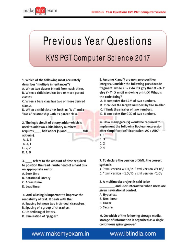 Previous Year Questions KVS PGT Computer Science PDF | PDF | C (Programming Language) | Pointer ...